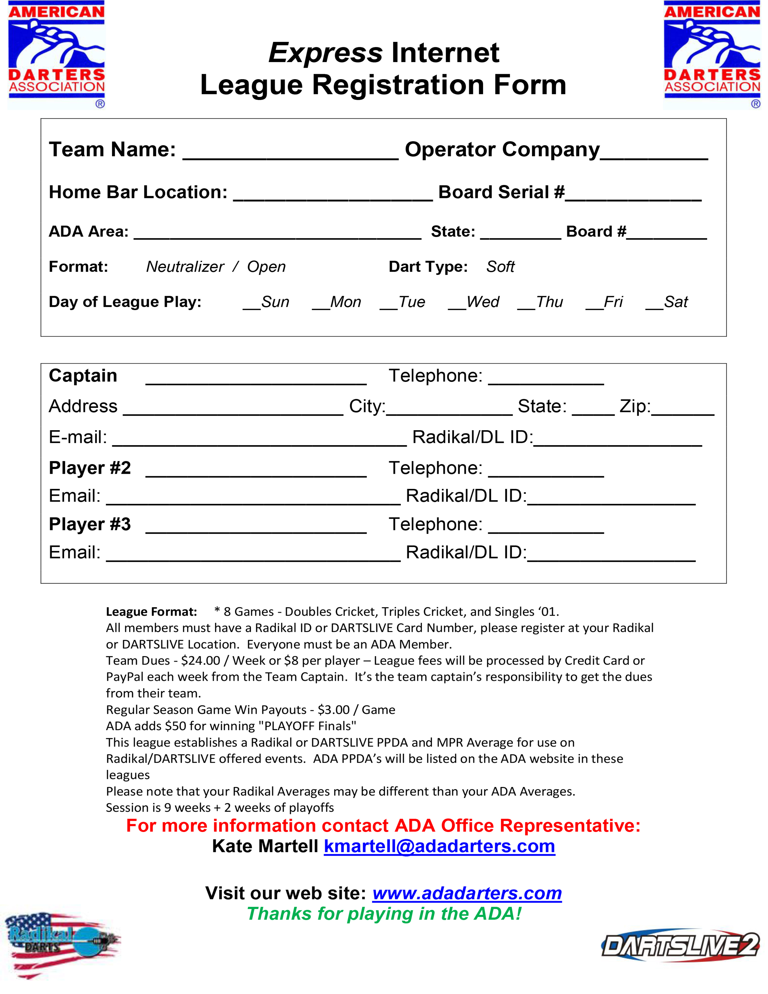 Summer 1999 Team Registration Form - ADA - The American Darters Association
