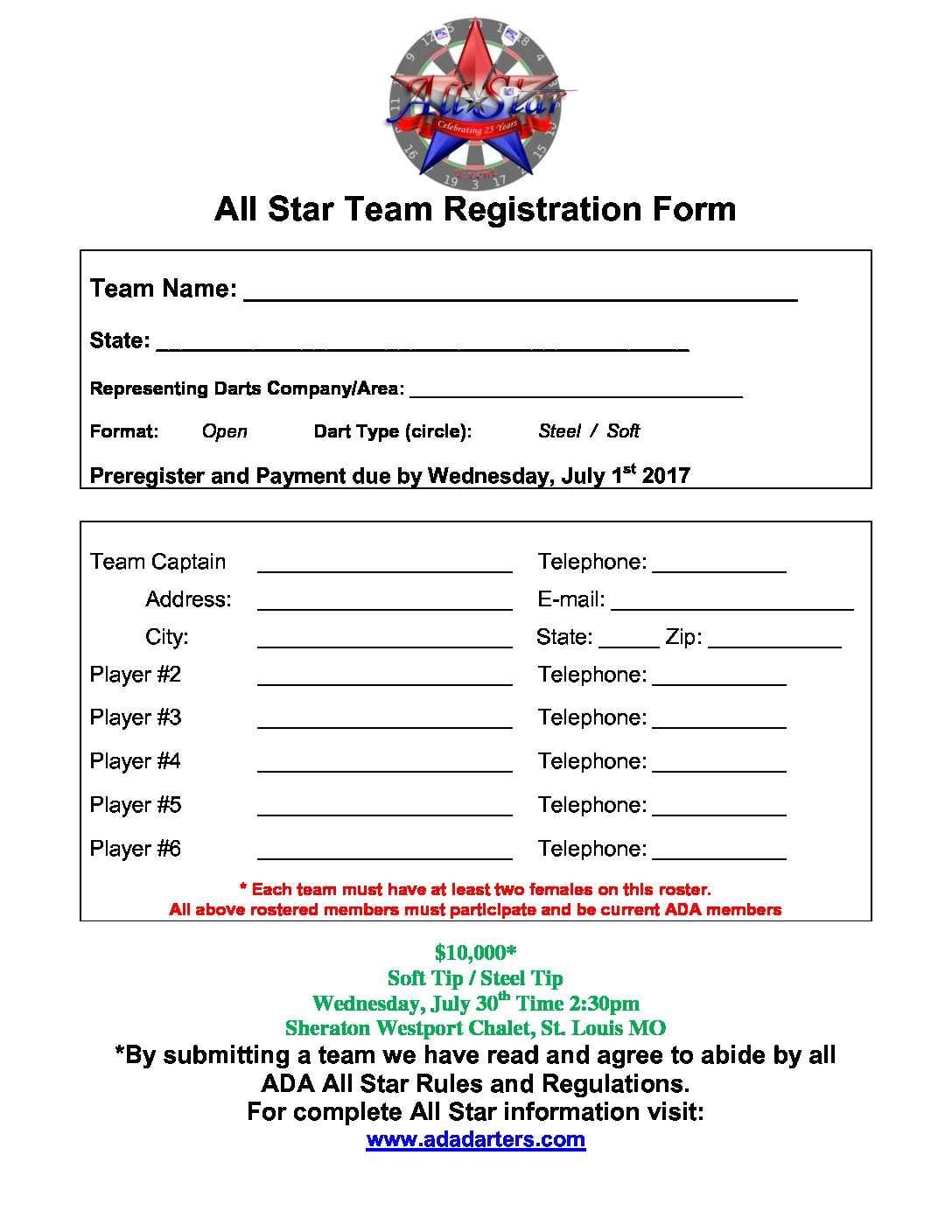 All Star Team Registration Form - ADA - The American Darters Association